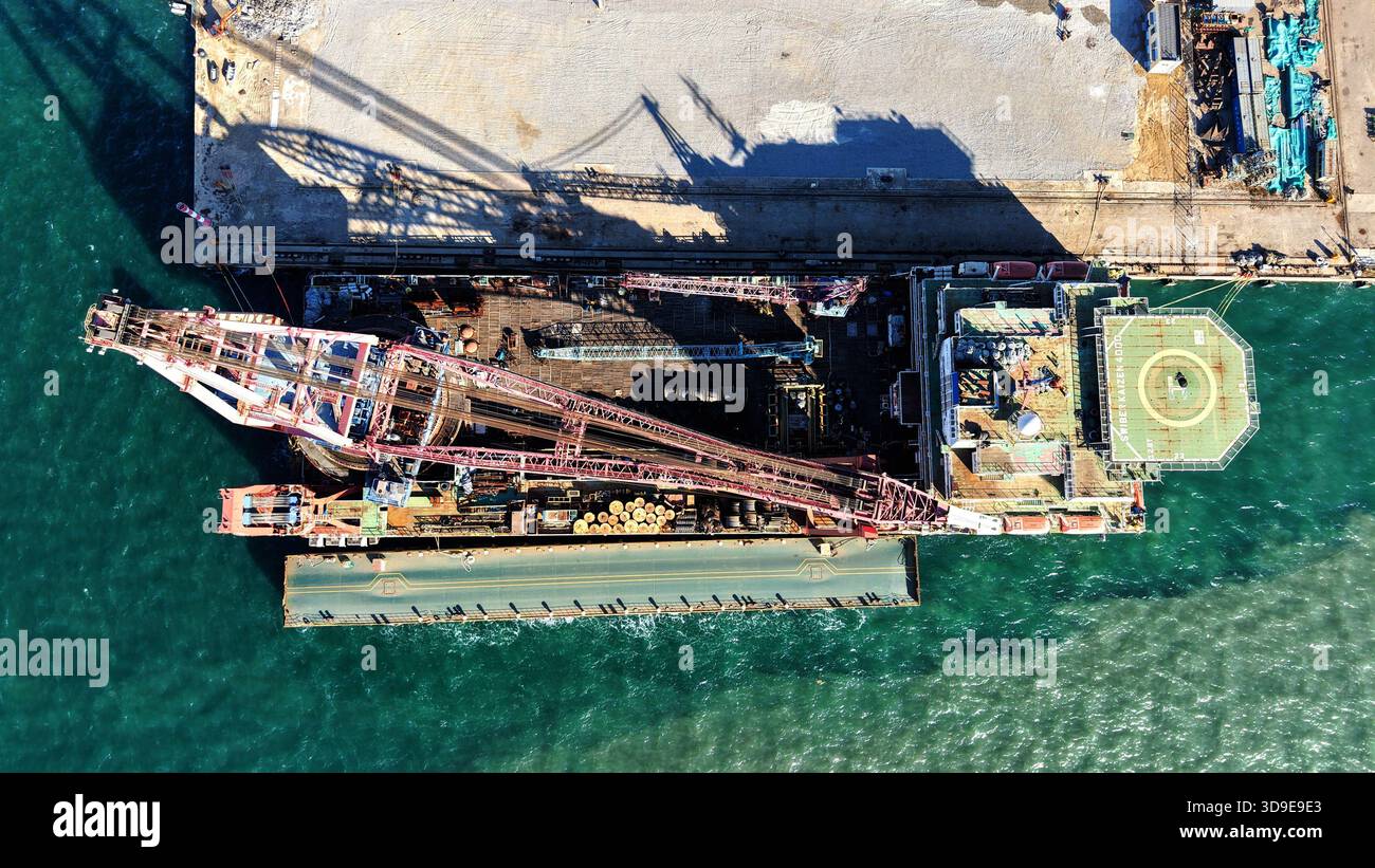 Aerial photo shows the Haixi Bay ship-building base in Qingdao City ...