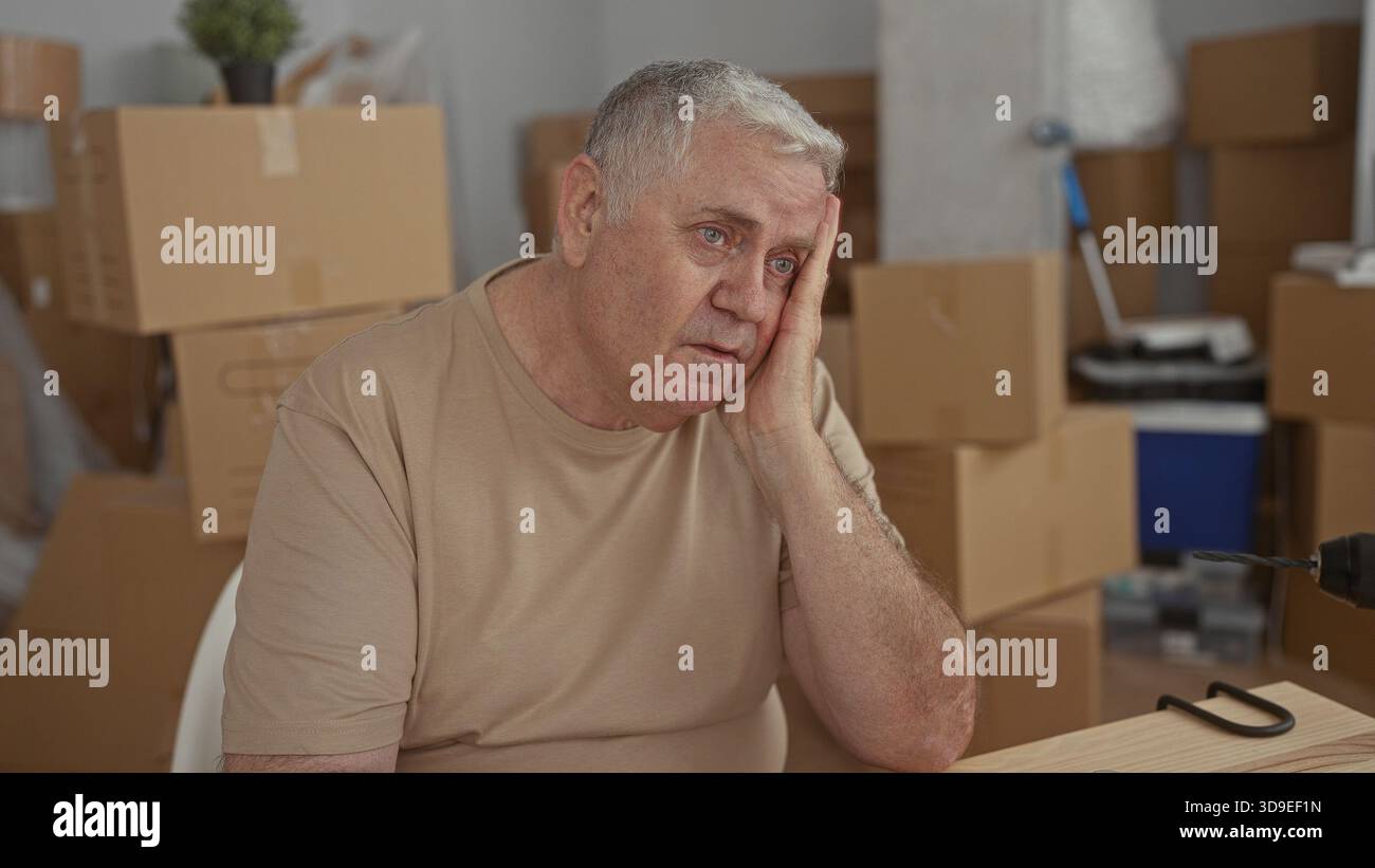 Man rubbing eyes with hand among stacked moving boxes in building ...