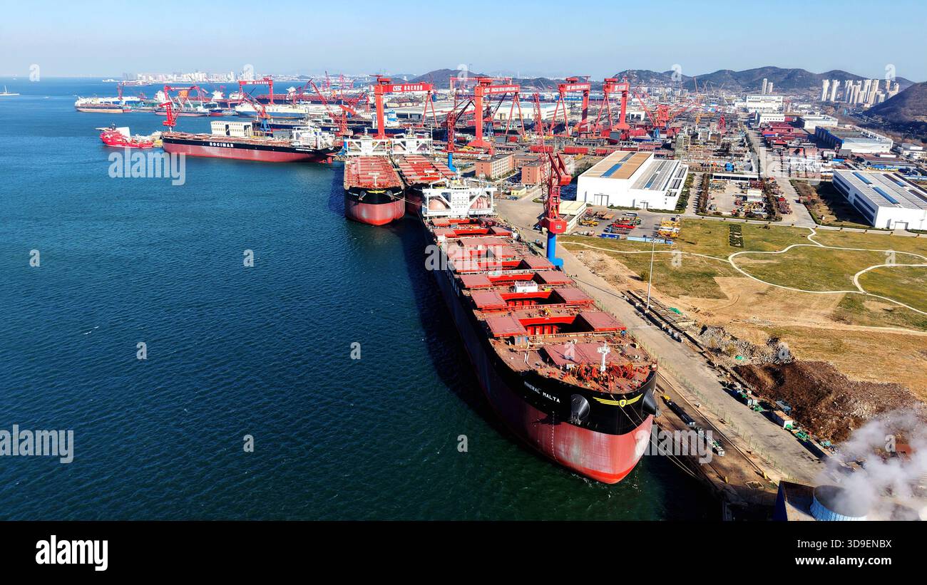 Aerial photo shows the Haixi Bay ship-building base in Qingdao City ...