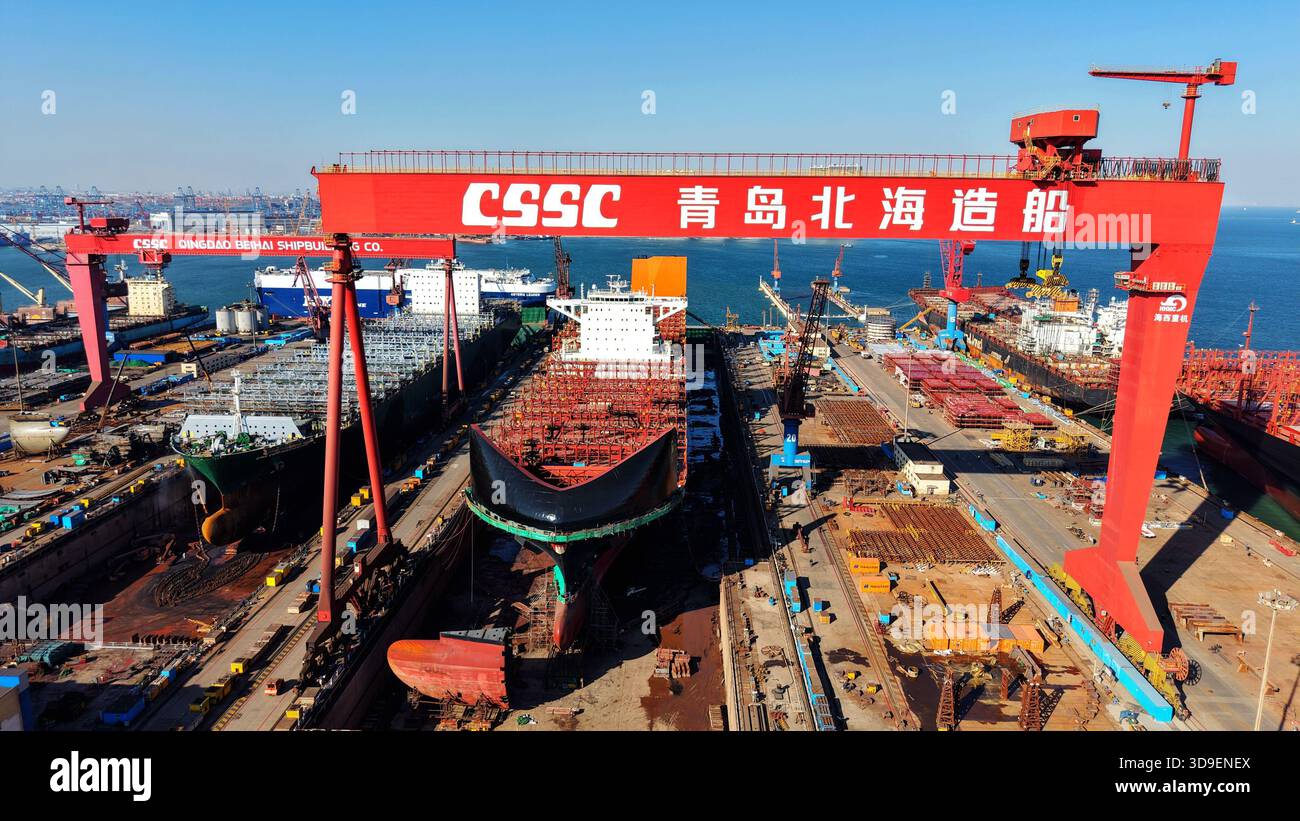 Aerial photo shows the Haixi Bay ship-building base in Qingdao City ...