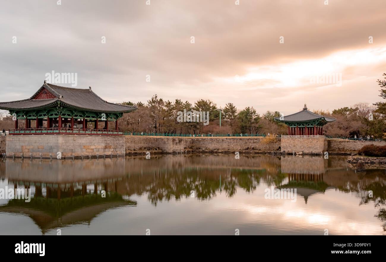 Sunset view of the illuminated pavilions of Anapji pond Stock Photo - Alamy