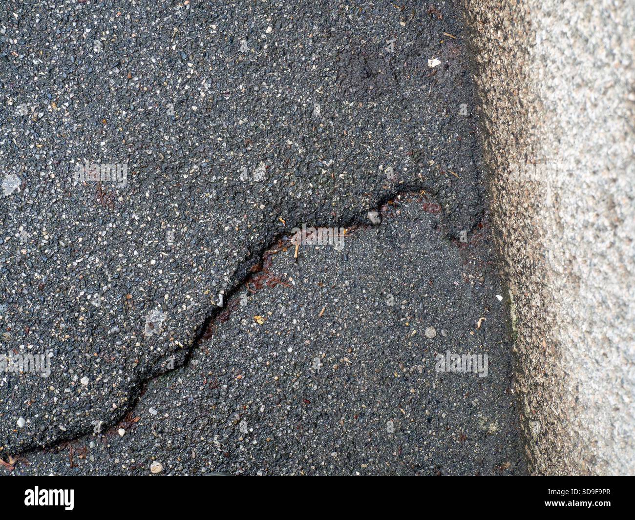 A pronounced fracture disrupts the uniform pattern of a worn black ...