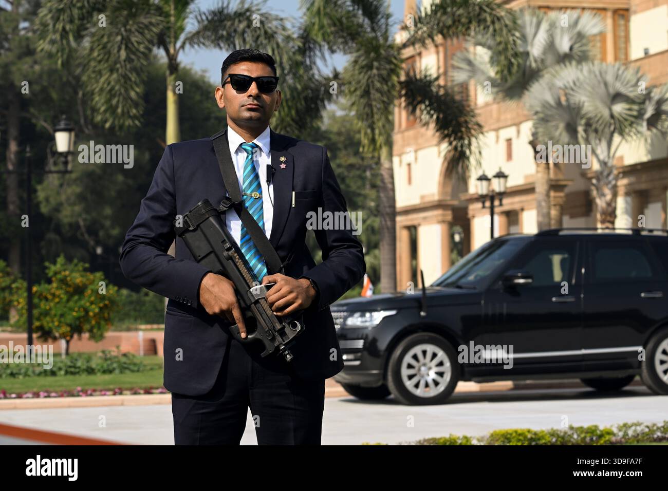 Genre photography. A security officer with an assault rifle during the ...