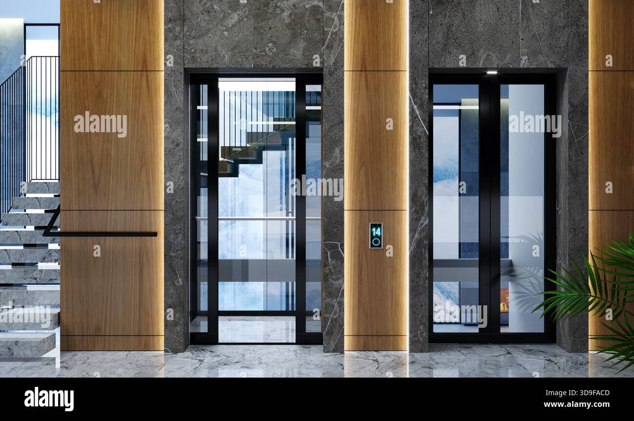Sleek, modern panoramic glass elevators set within a clean ...