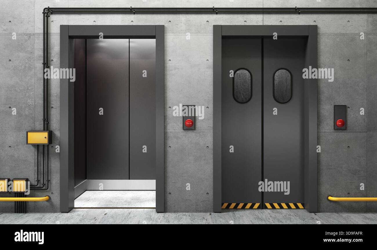 Heavy-duty, technical freight elevator doors set in a raw concrete wall ...