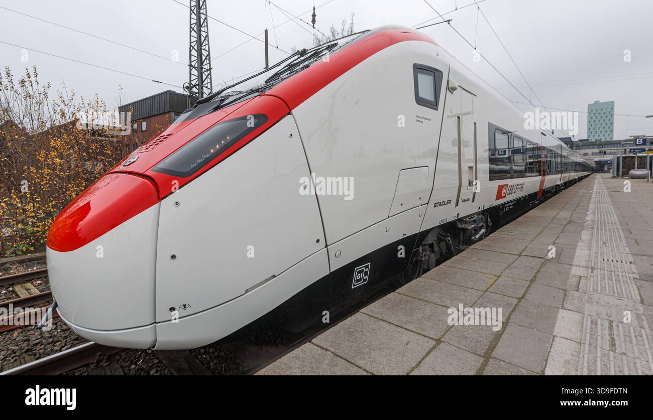 05 December 2025, Hamburg: A Swiss high-speed train "Giruno" stands in ...