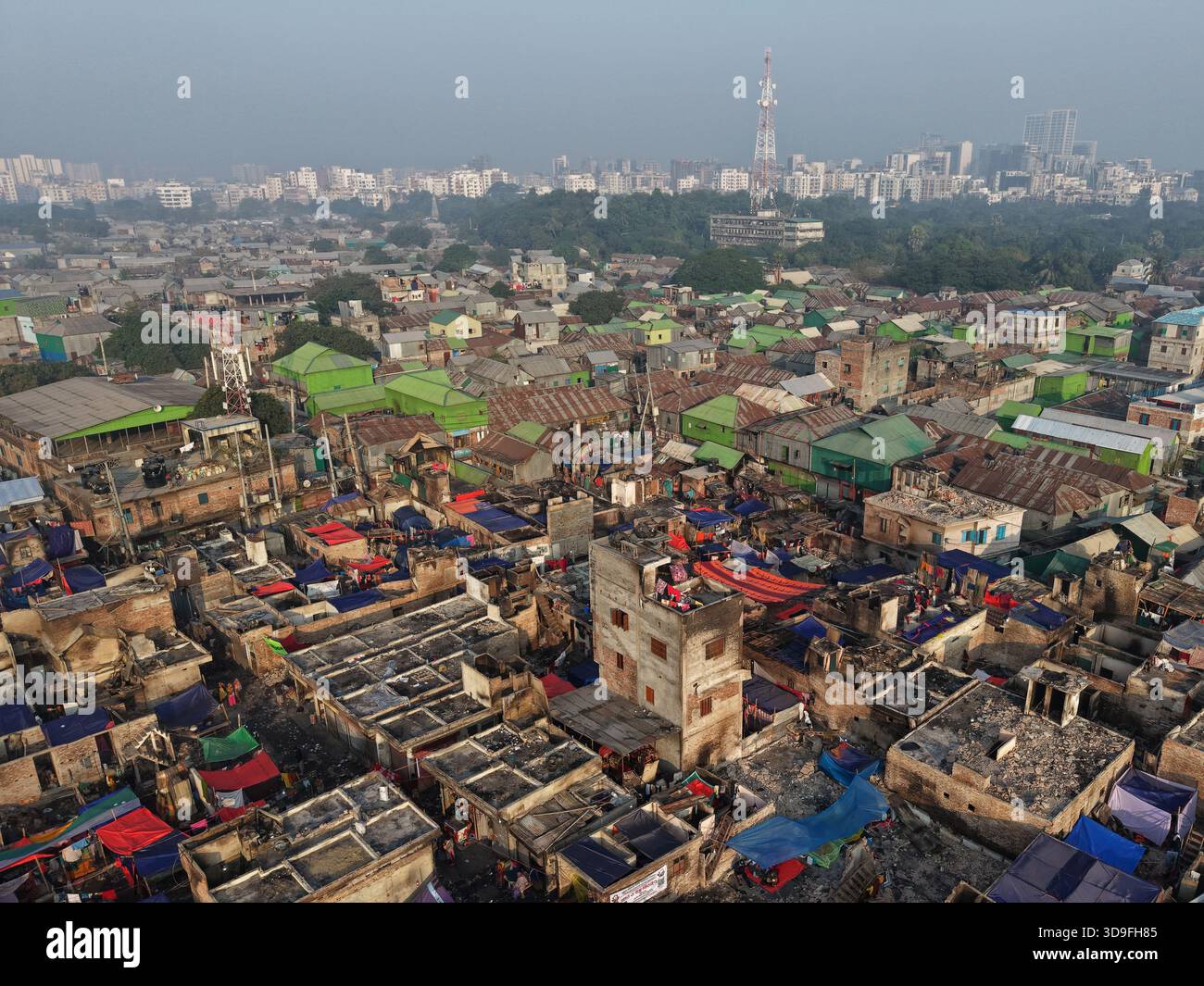 Aerial view of Korail slum which was destroyed by fire destroying ...