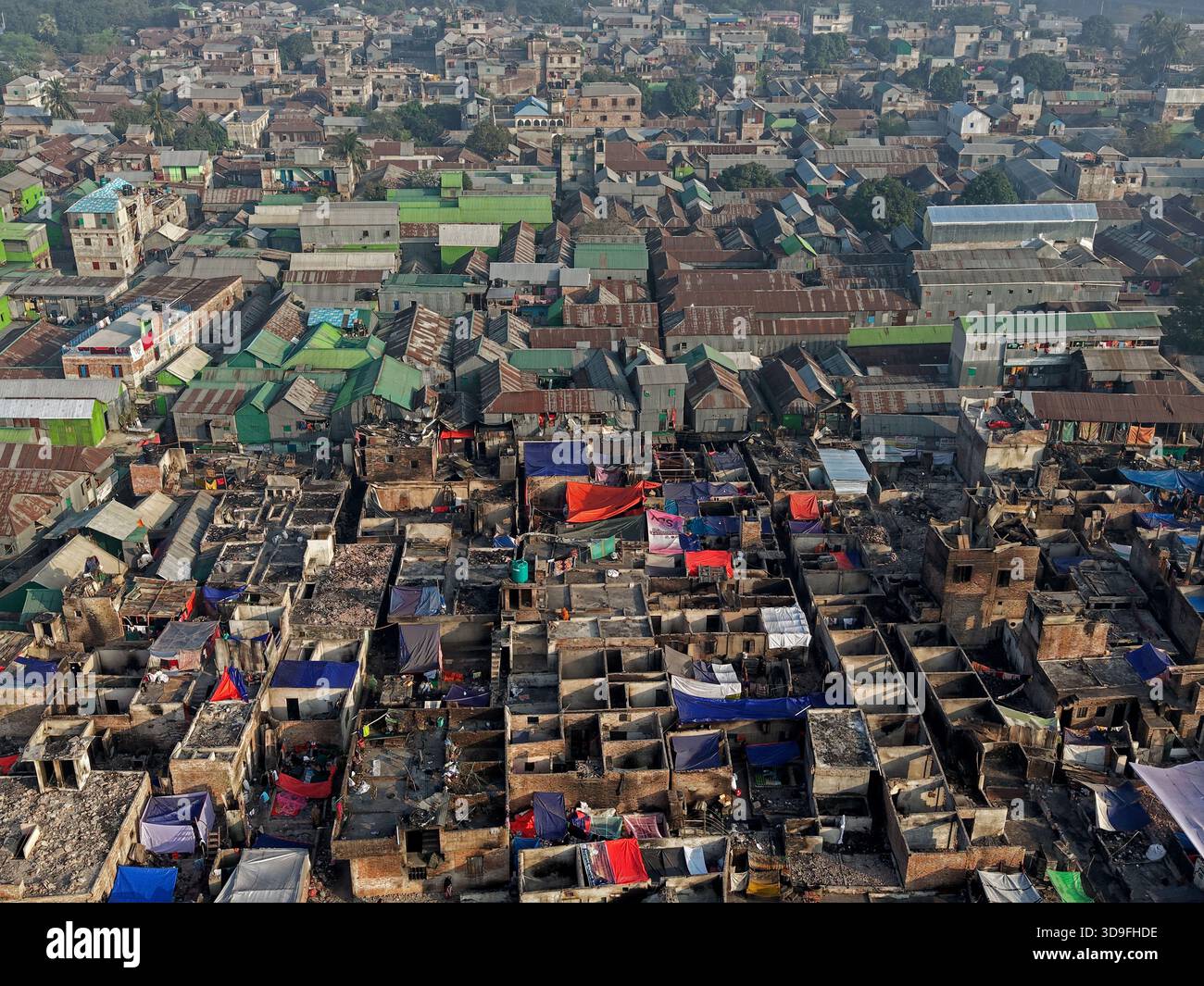 Aerial view of the Korail slum which was destroyed by fire in Dhaka, (Photo by Piyas Biswas ...