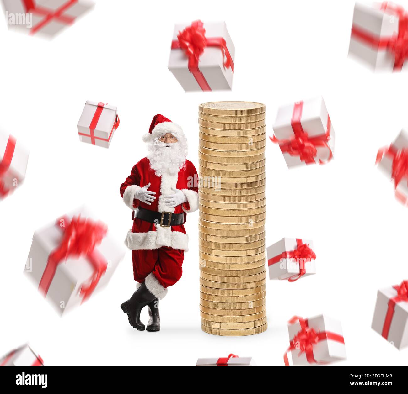 Santa claus leaning on a pile of coins and presents flying in the air ...