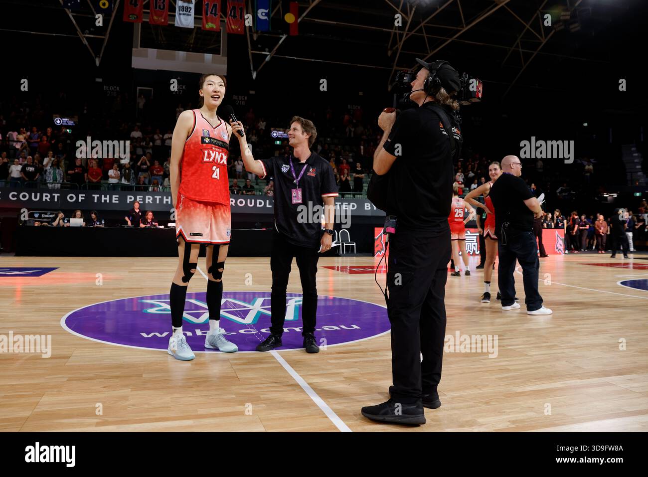 Han Xu of the Lynx gives an interview after winning the WNBL Round 8 ...