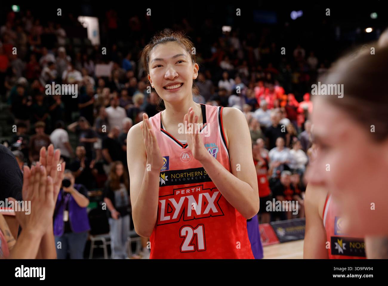 Han Xu of the Lynx is seen after winning the WNBL Round 8 match between ...