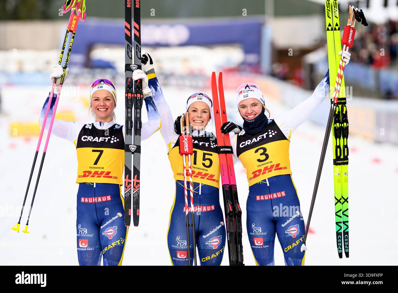 251205 Emma Ribom, Johanna Hagström and Linn Svahn of Sweden celebrate ...