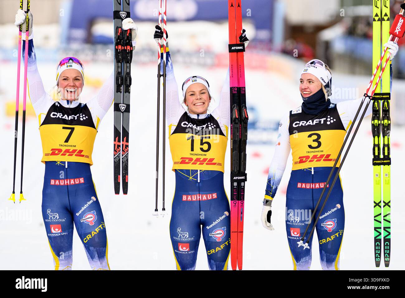 251205 Emma Ribom, Johanna Hagström and Linn Svahn of Sweden celebrate ...