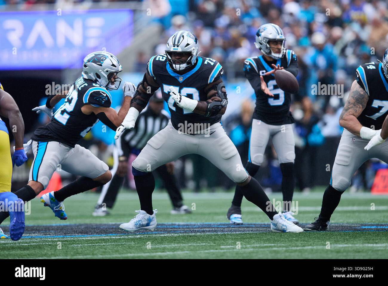 Carolina Panthers offensive tackle Ikem Ekwonu (79) looks for someone ...