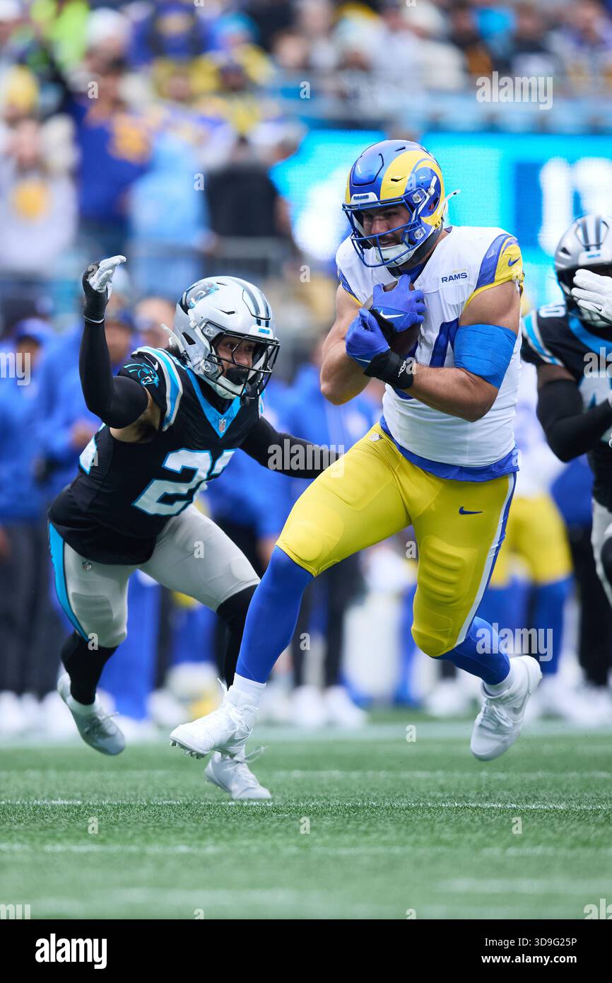 Los Angeles Rams tight end Colby Parkinson (84) runs away from Carolina ...