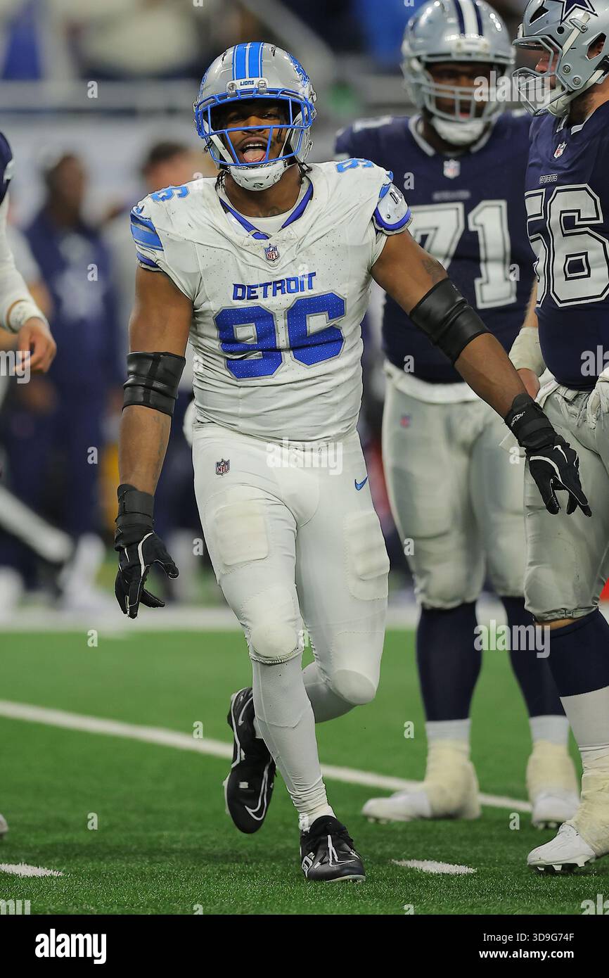 Detroit Lions linebacker Al-Quadin Muhammad (96) reacts after a sack ...