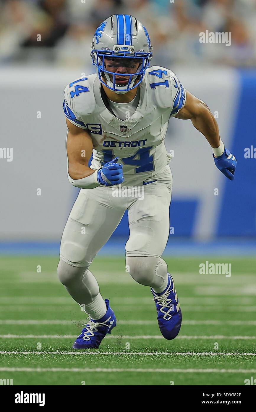 Detroit Lions wide receiver Amon-Ra St. Brown (14) runs a route during ...