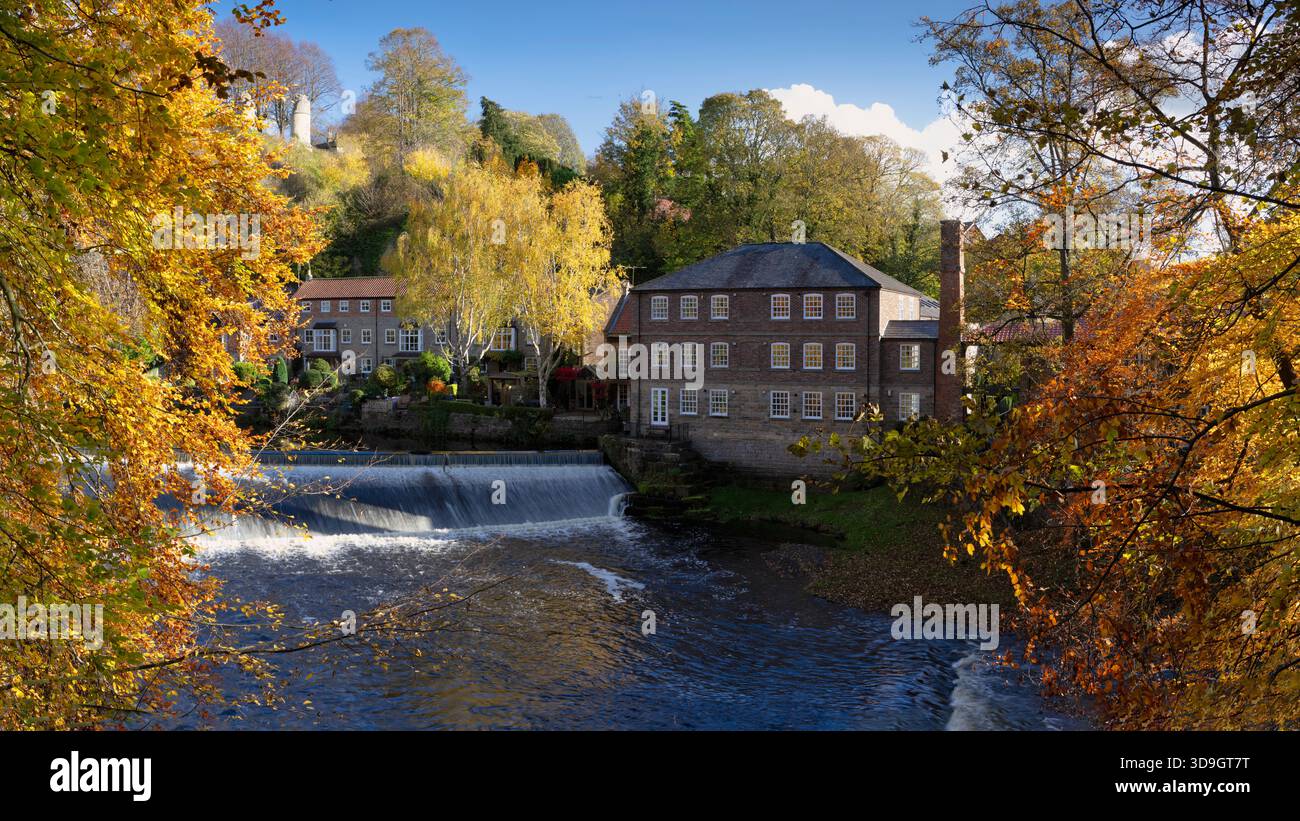 The River Nidd, Castle Mill and Weir in autumn sunshine, Knaresborough ...