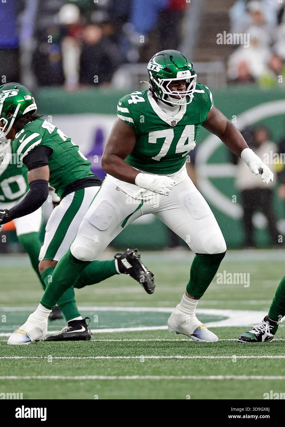 New York Jets offensive tackle Olu Fashanu (74) blocks during an NFL ...