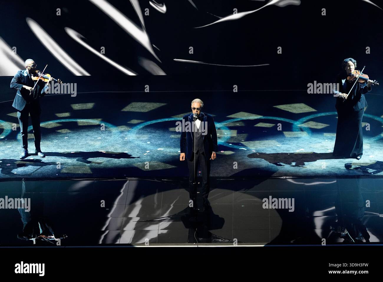 Singer Andrea Bocelli performs during the draw for the 2026 soccer ...