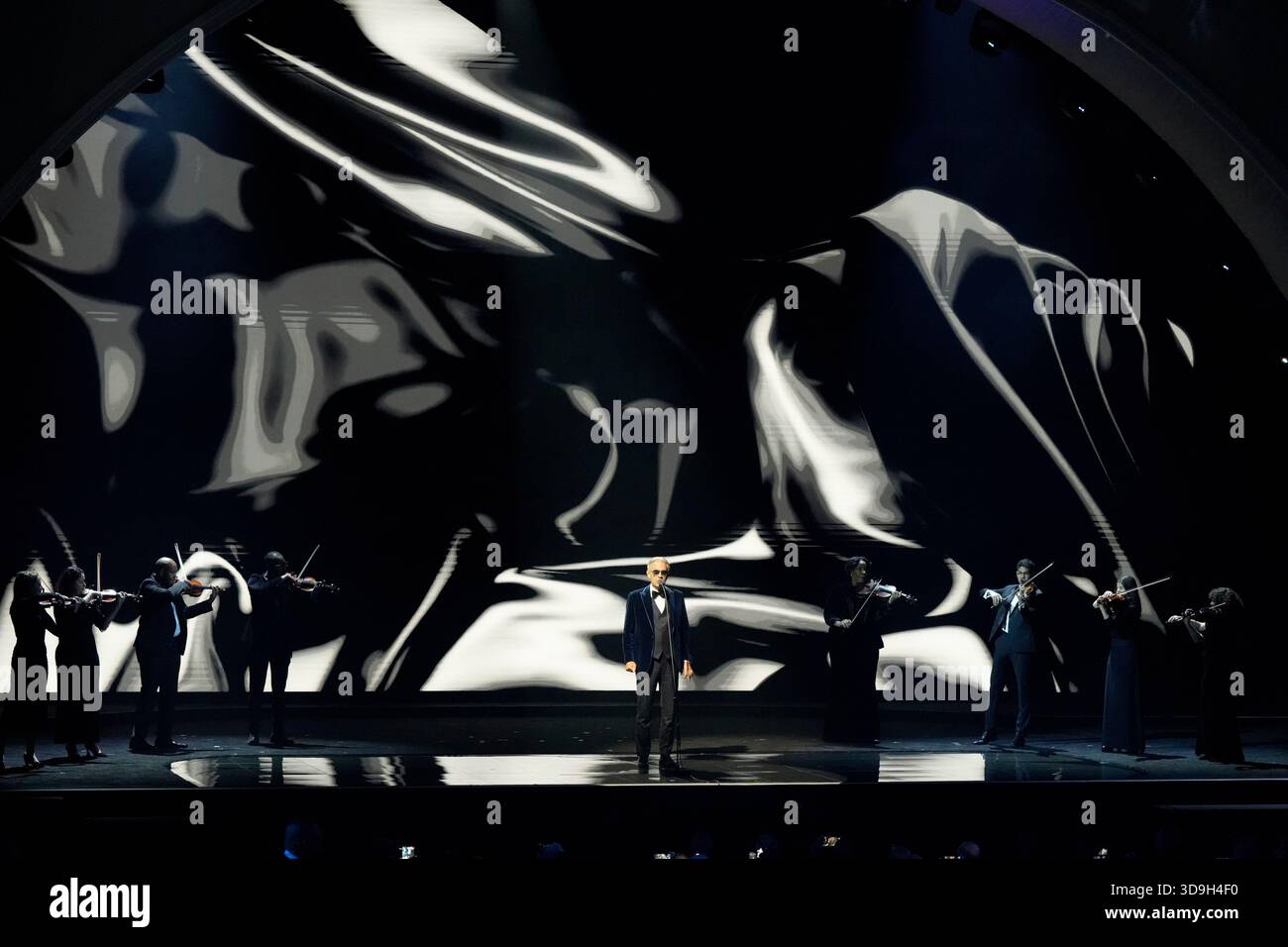Singer Andrea Bocelli performs during the draw for the 2026 soccer ...