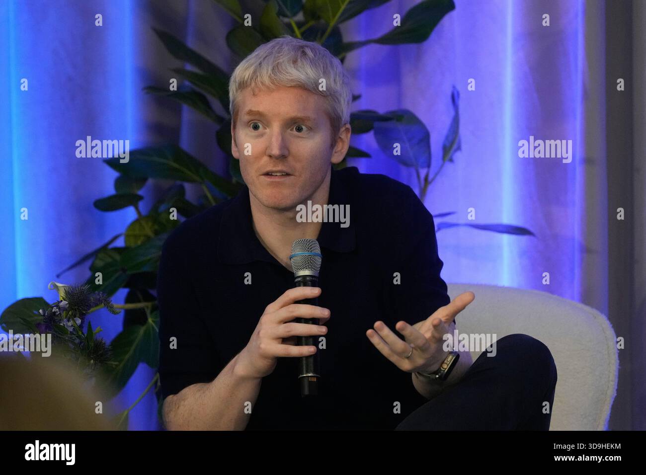 Patrick Collison, CEO of Stripe, speaks during an event at the Biohub ...