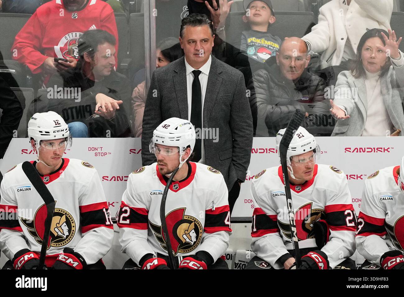 Ottawa Senators head coach Travis Green, standing, during an NHL hockey ...