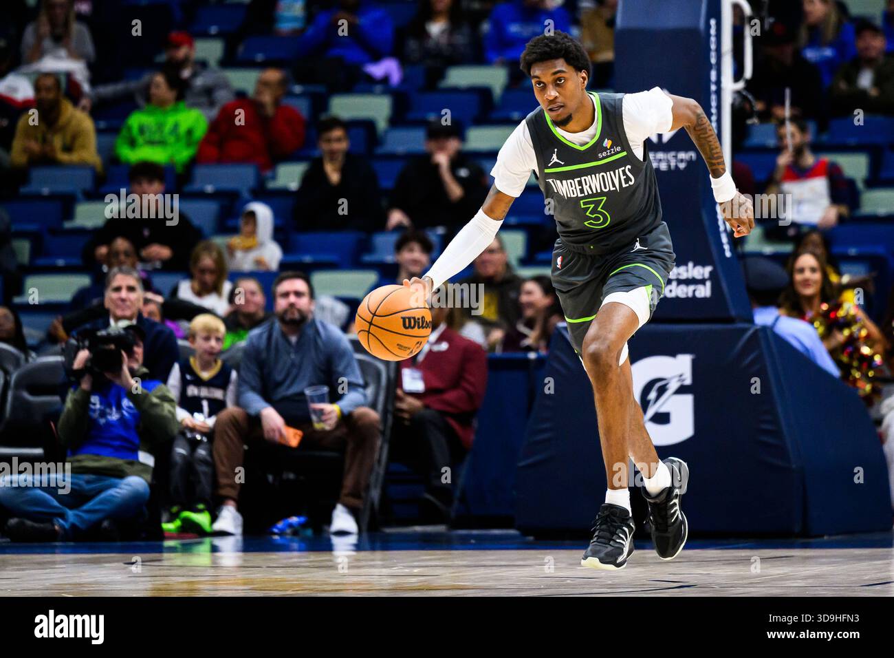 Minnesota Timberwolves forward Jaden McDaniels (3) drives the ball in ...