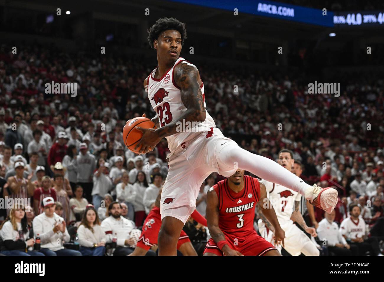 Arkansas forward Nick Pringle (23) pulls down a rebound against ...