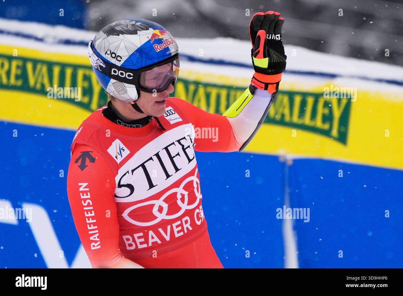 Switzerland's Marco Odermatt reacts after his run during a World Cup ...