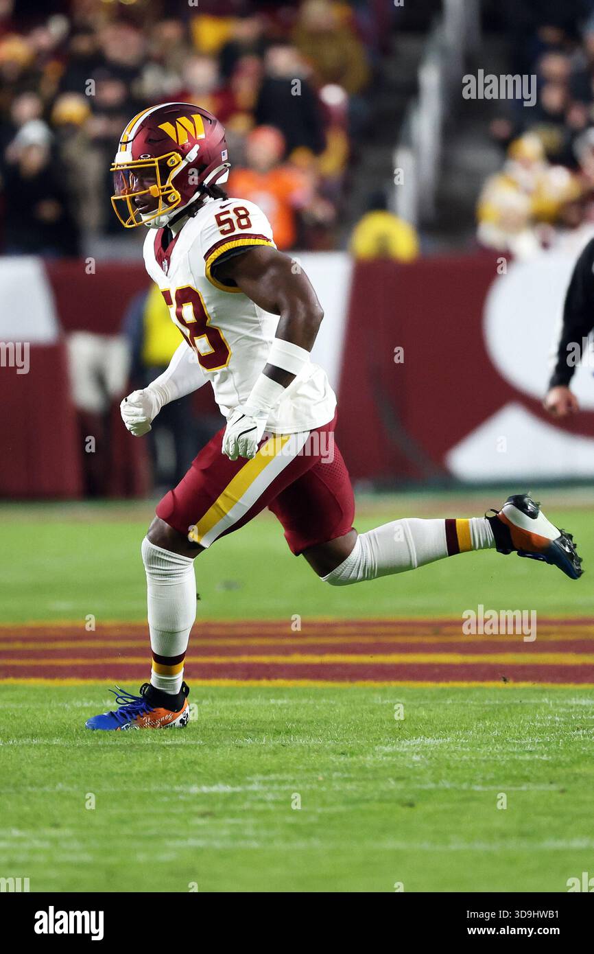 Washington Commanders linebacker Jordan Magee (58) rushes during an NFL football game against ...