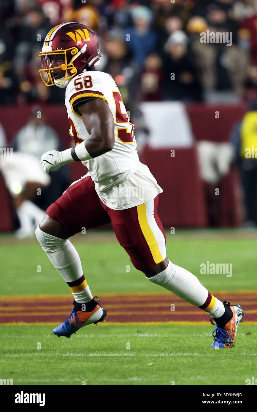 Washington Commanders linebacker Jordan Magee (58) rushes during an NFL football game against ...