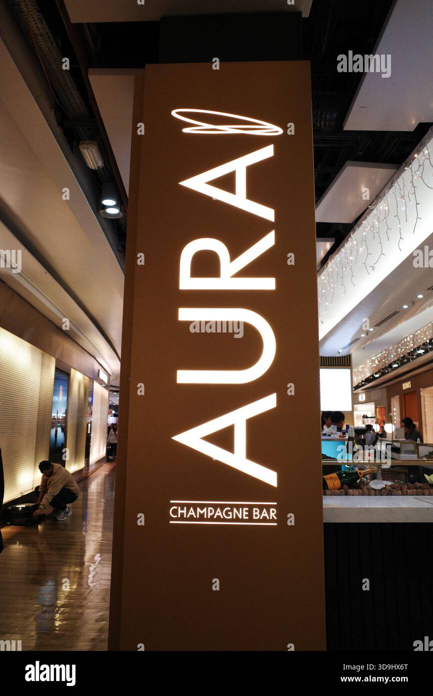 Aura Champagne Bar signage at Heathrow Airport in London, England ...
