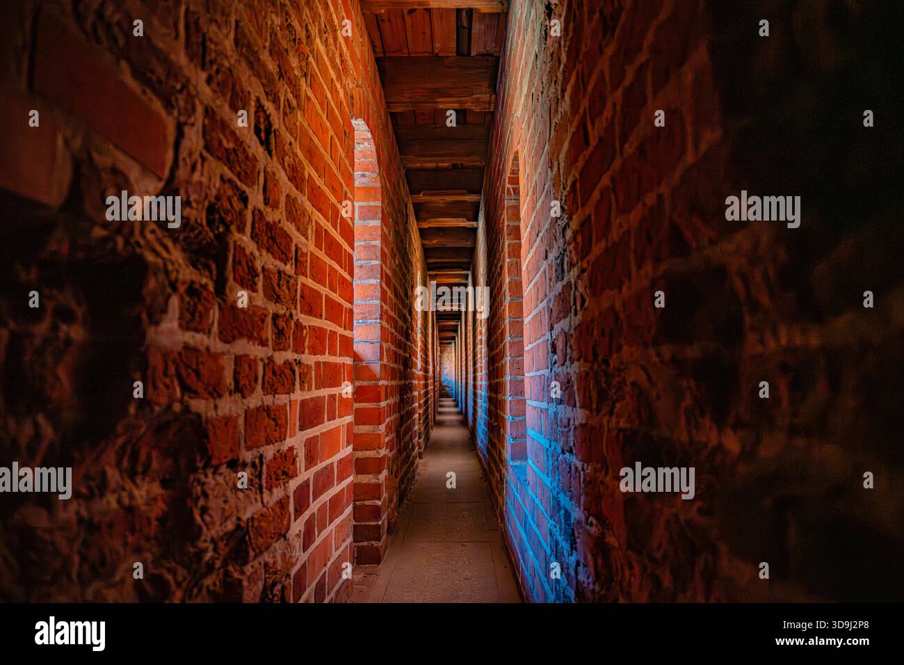 Narrow brick corridor with wooden ceiling beams inside Malbork Castle ...