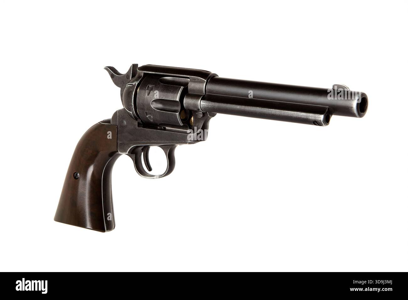 Classic single-action revolver with long barrel and wood grip, isolated ...