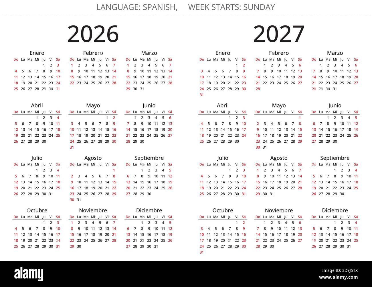 2026, 2027 spanish year calendar. Week starts Sunday. Vector ...
