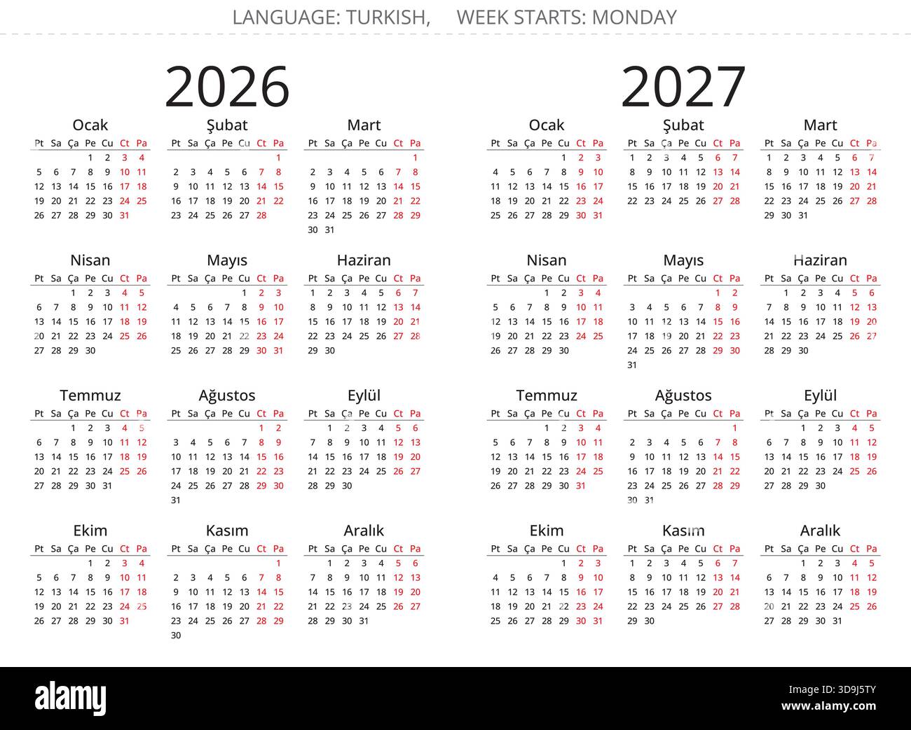 2026 and 2027 year turkish simple calendars. Vector illustration for ...