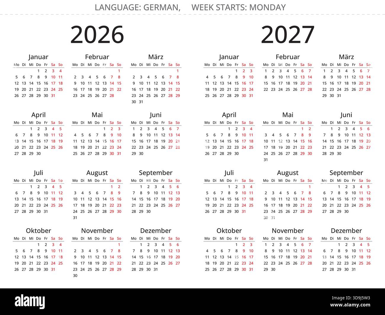 German calendar for 2026 and 2027. Vector year illustrations for Germany Stock Vector Image ...