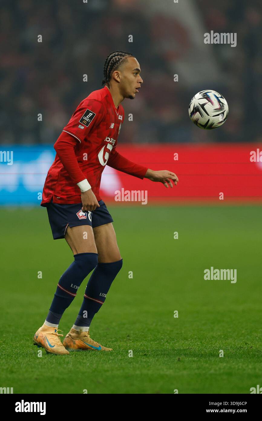 Lille's Ethan Mbappe controls the ball during the French League One ...