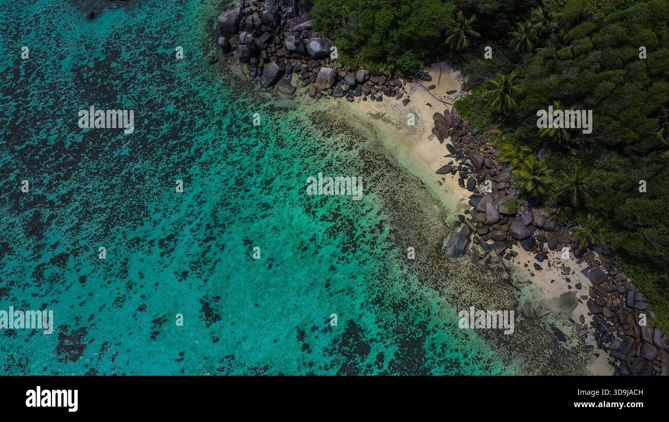 Overhead Aerial View of Tropical Shoreline, Clear Turquoise Reef, Beach ...