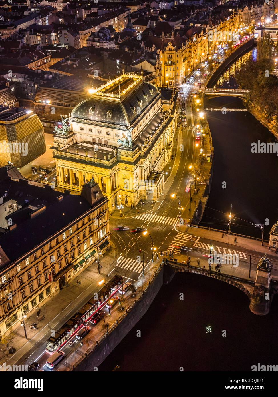 Aerial view shows the National Theatre in Prague illuminated at night ...