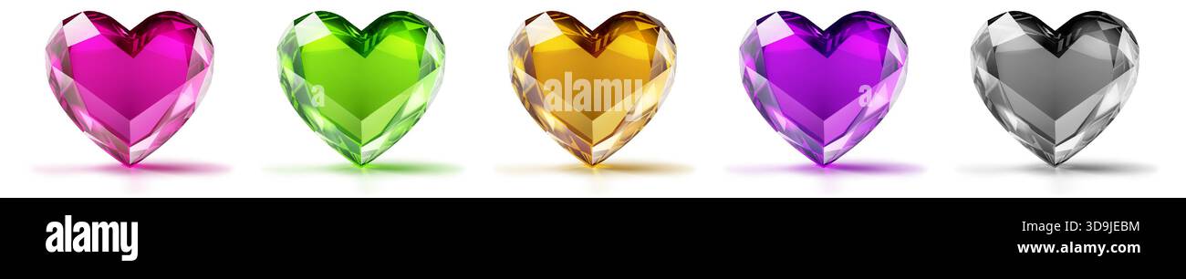 Five heart-shaped gems in different colors with subtle shadows and ...