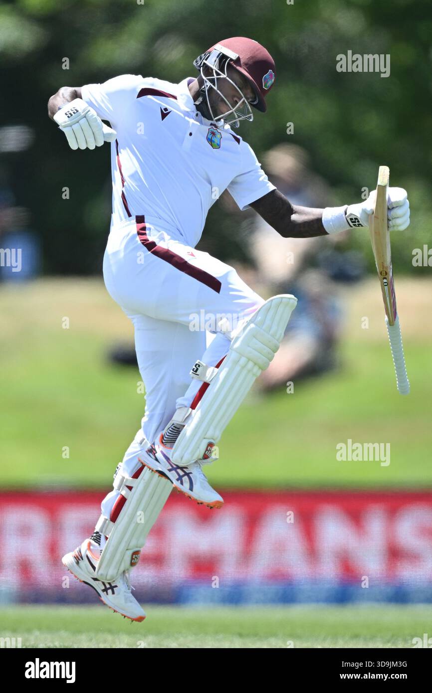 West Indies' Justin Greaves celebrates making 100 runs against New ...