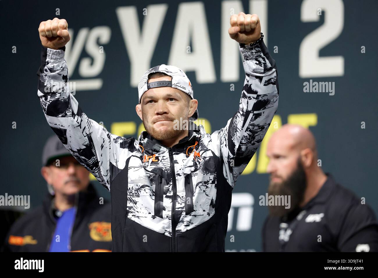UFC bantamweight fighter Petr Yan, of Russia, arrives on stage during a ...