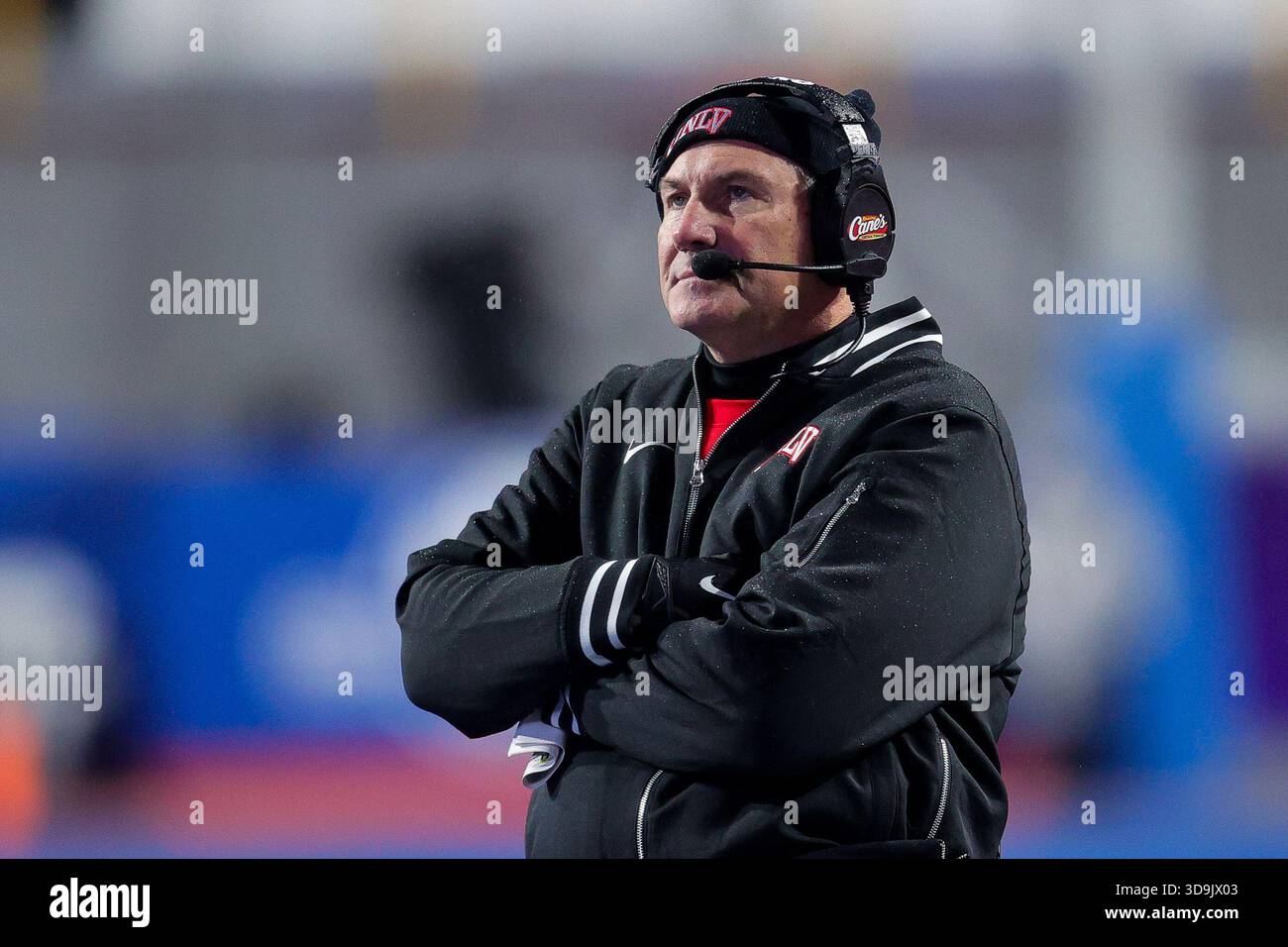 UNLV head coach Dan Mullen watches a replay against Boise State in the ...