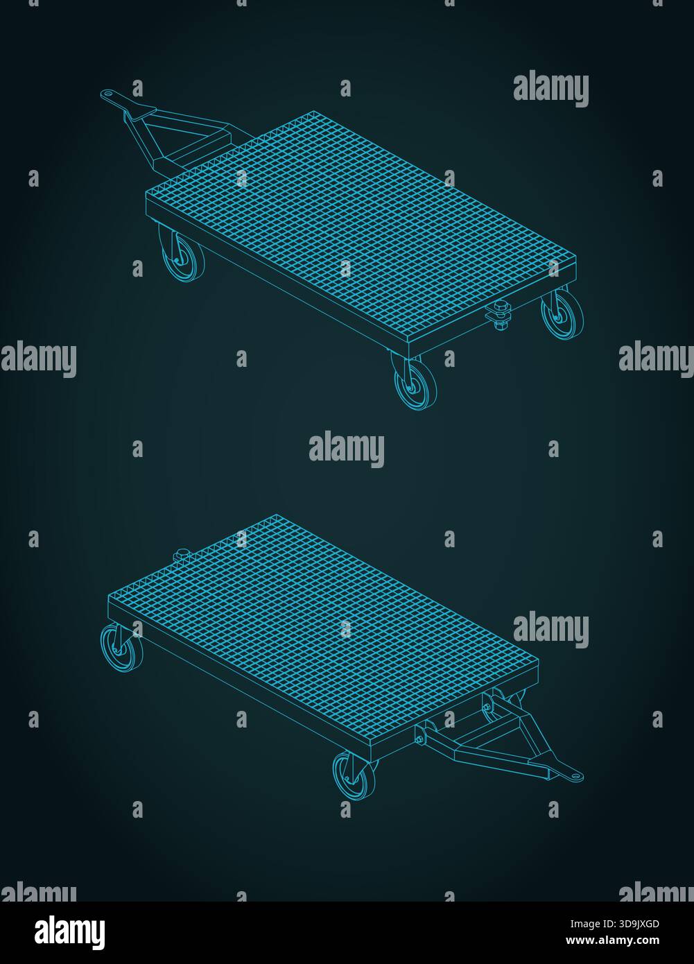 Heavy duty industrial warehouse cart isometric blueprints stylized ...