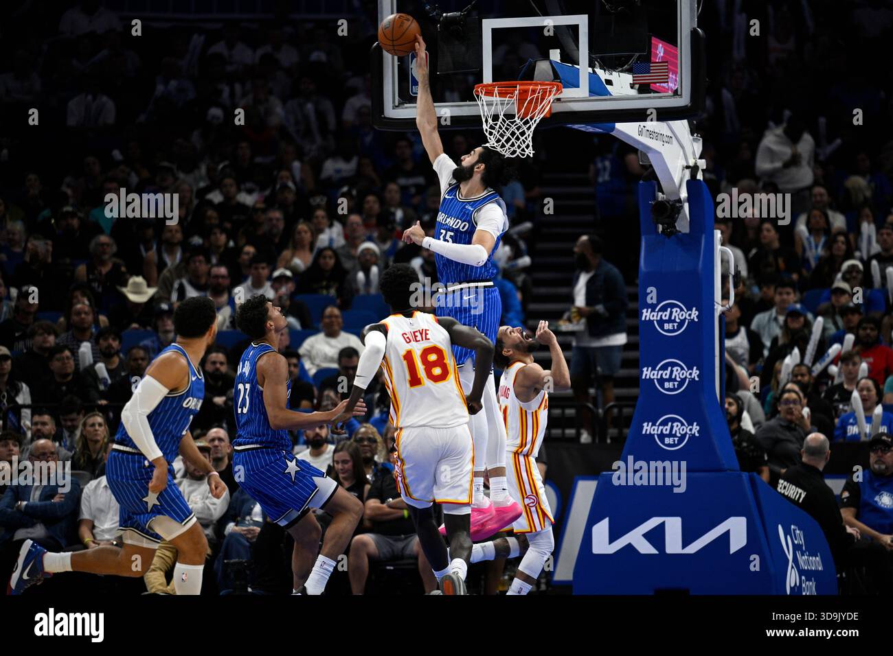 Orlando Magic center Goga Bitadze (35) blocks a shot by Atlanta Hawks ...