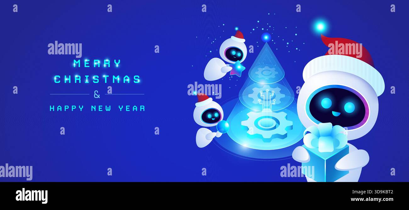 Christmas technology banner with cute AI agents and festive digital ...