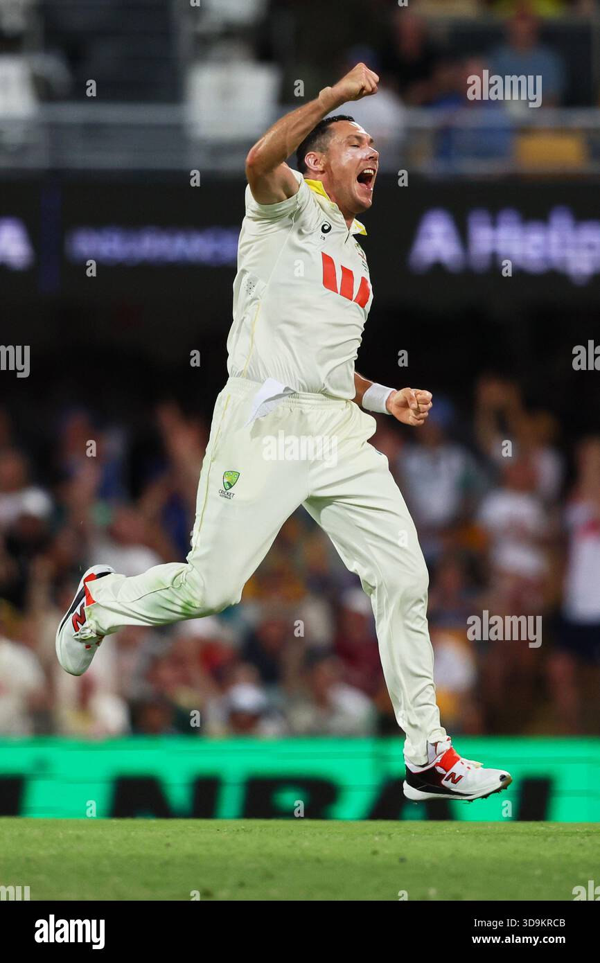 Australia's Scott Boland celebrates the wicket of England's Harry Brook ...