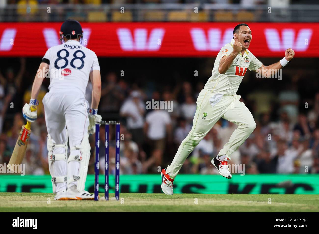 Australia's Scott Boland celebrates the wicket of England's Harry Brook ...